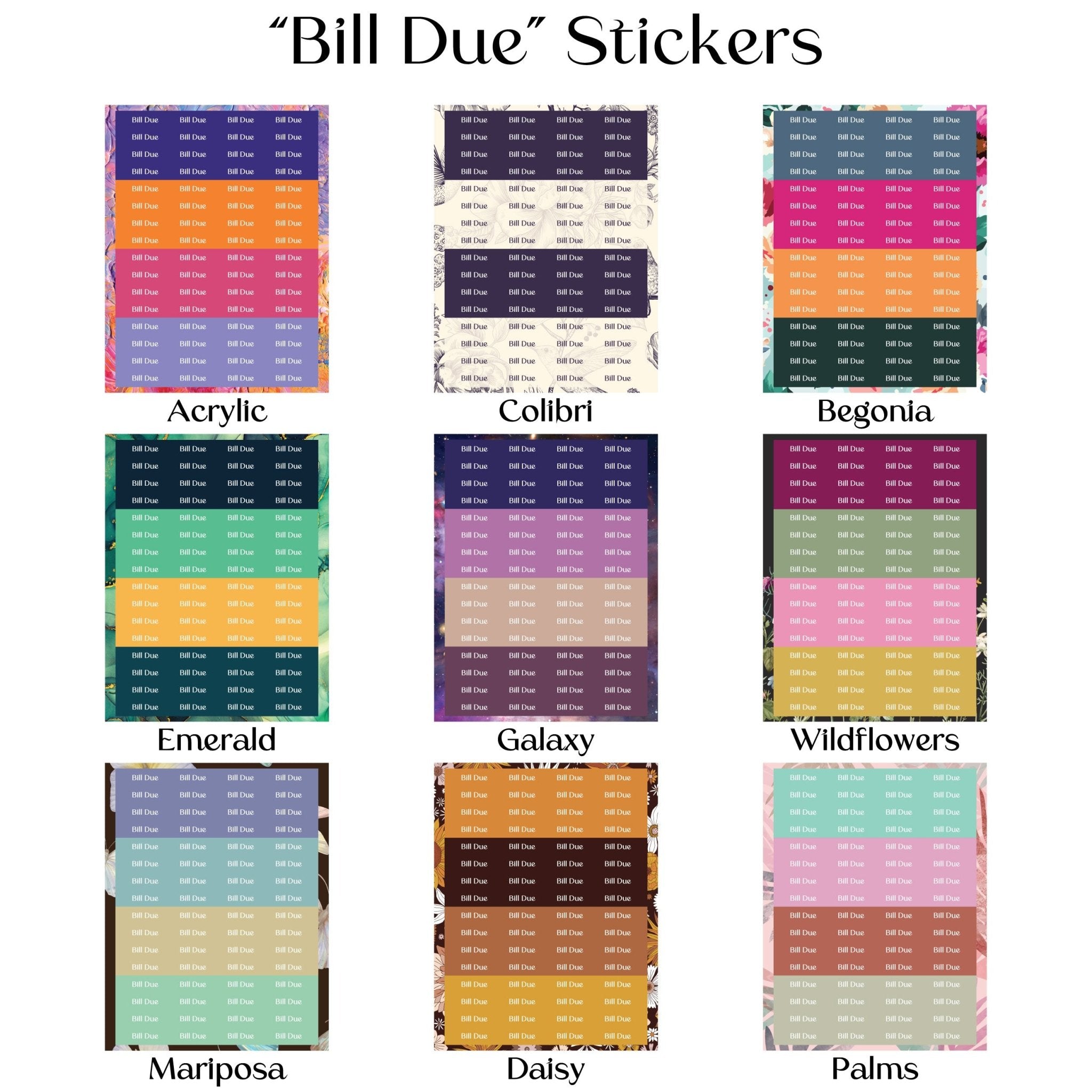 Bill Due Word Stickers - "Bill Due" Sticker Sheets - Colibri Paper Co